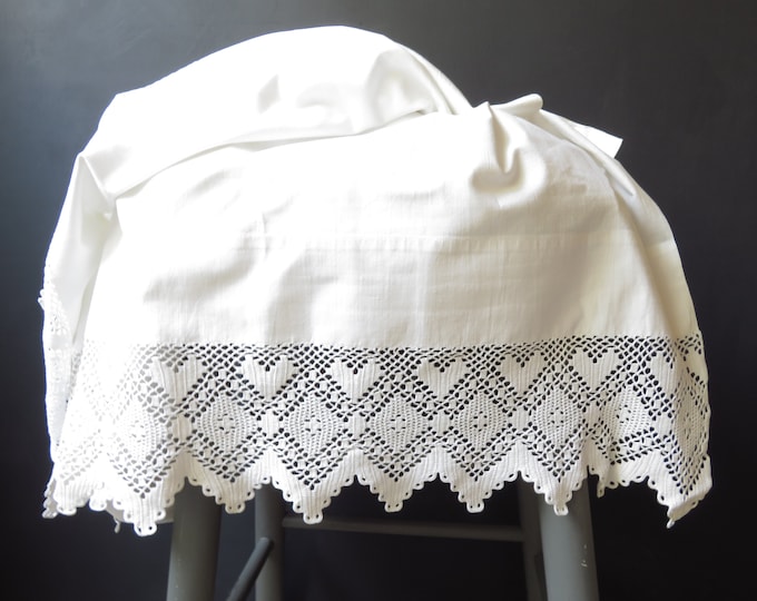 Antique Monogrammed Linen Bed Sheet Hand Crocheted Edge Victorian ...