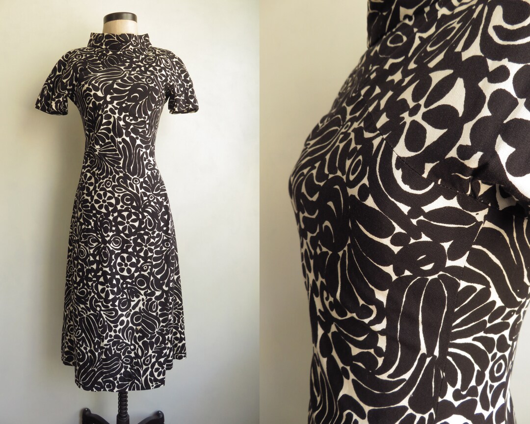 50s Mod Midi Dress B&W Screenprint Handmade Cheongsam Style Cotton ...