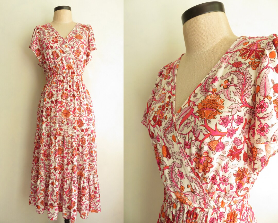S Knox Rose Pink Paisley Midi Dress Pin & Orange Peasant Summer ...