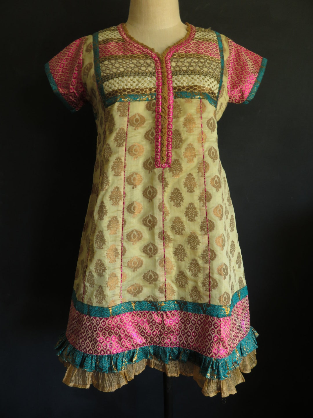 Boho Ethnic Dress Taffeta Silk-blend Metallic Trim Embroidery Mirror ...