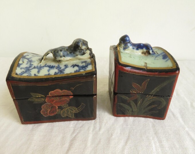 1920s Chinese Lacquered Boxes W/ Porcelain Shard Antique Lacquer ...