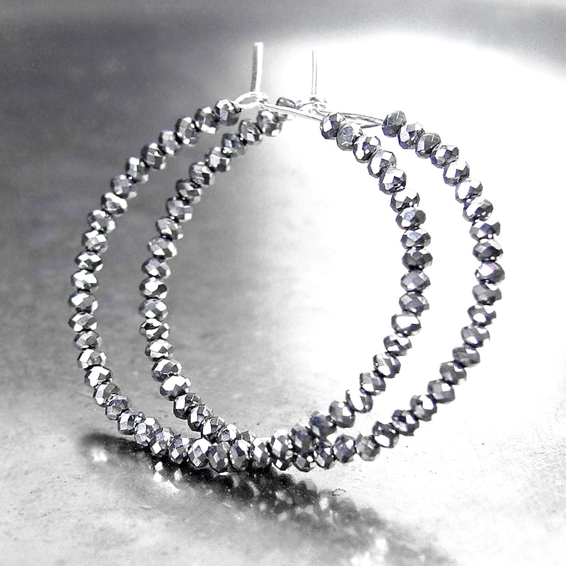 Grey Beaded Hoop Earrings - Etsy