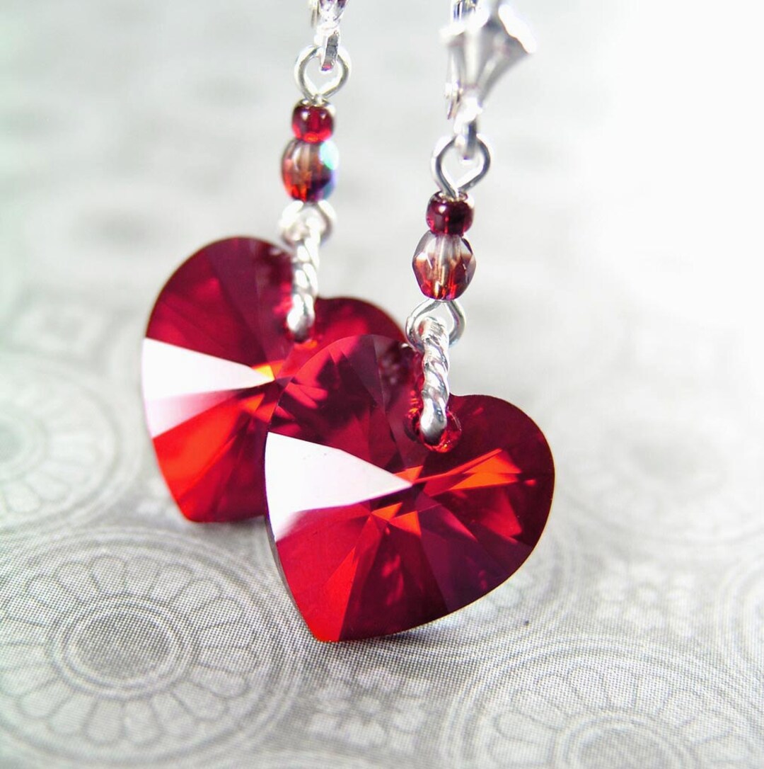 Red Crystal Heart Drop Earrings, Sterling Silver, RARE Swarovski Garnet ...
