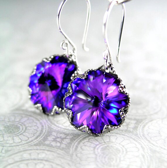 Swarovski Crystal Purple Earrings Sterling Silver Amethyst Etsy
