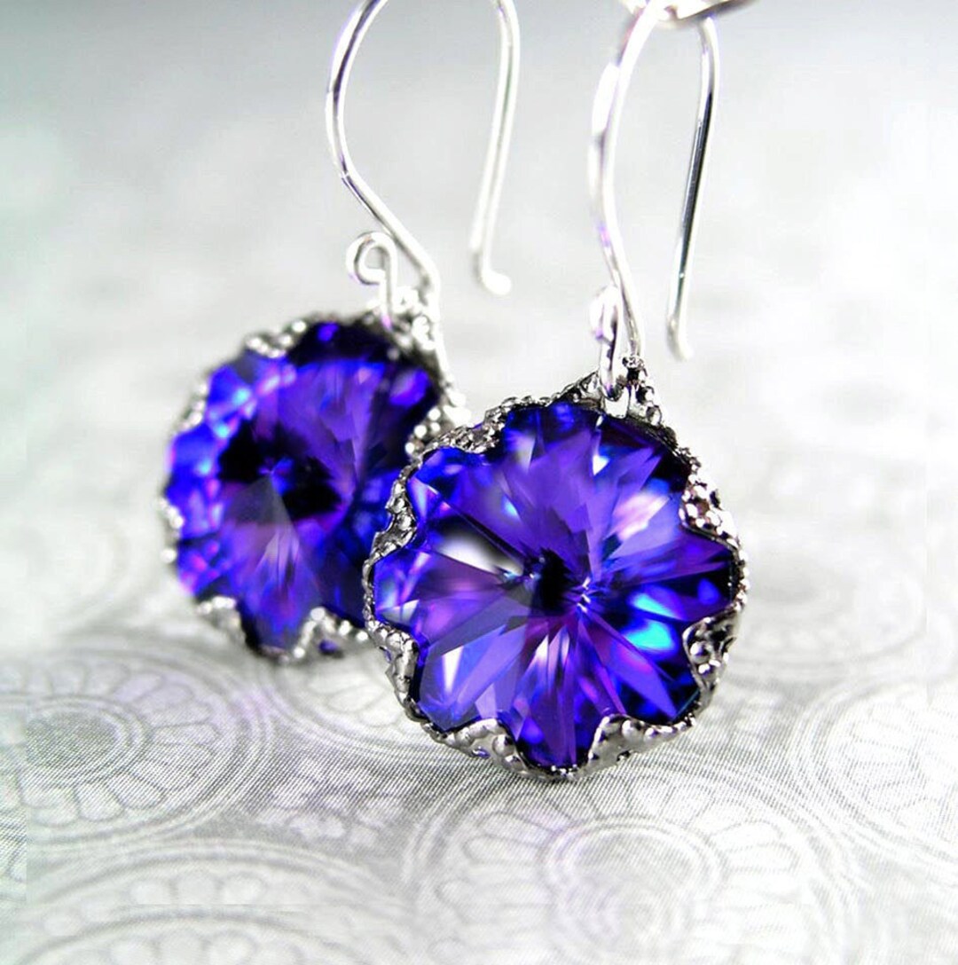 RARE Swarovski Crystal Iris Blue Purple Drop Earrings, Sterling Silver, Dark Deep Blue Purple ...