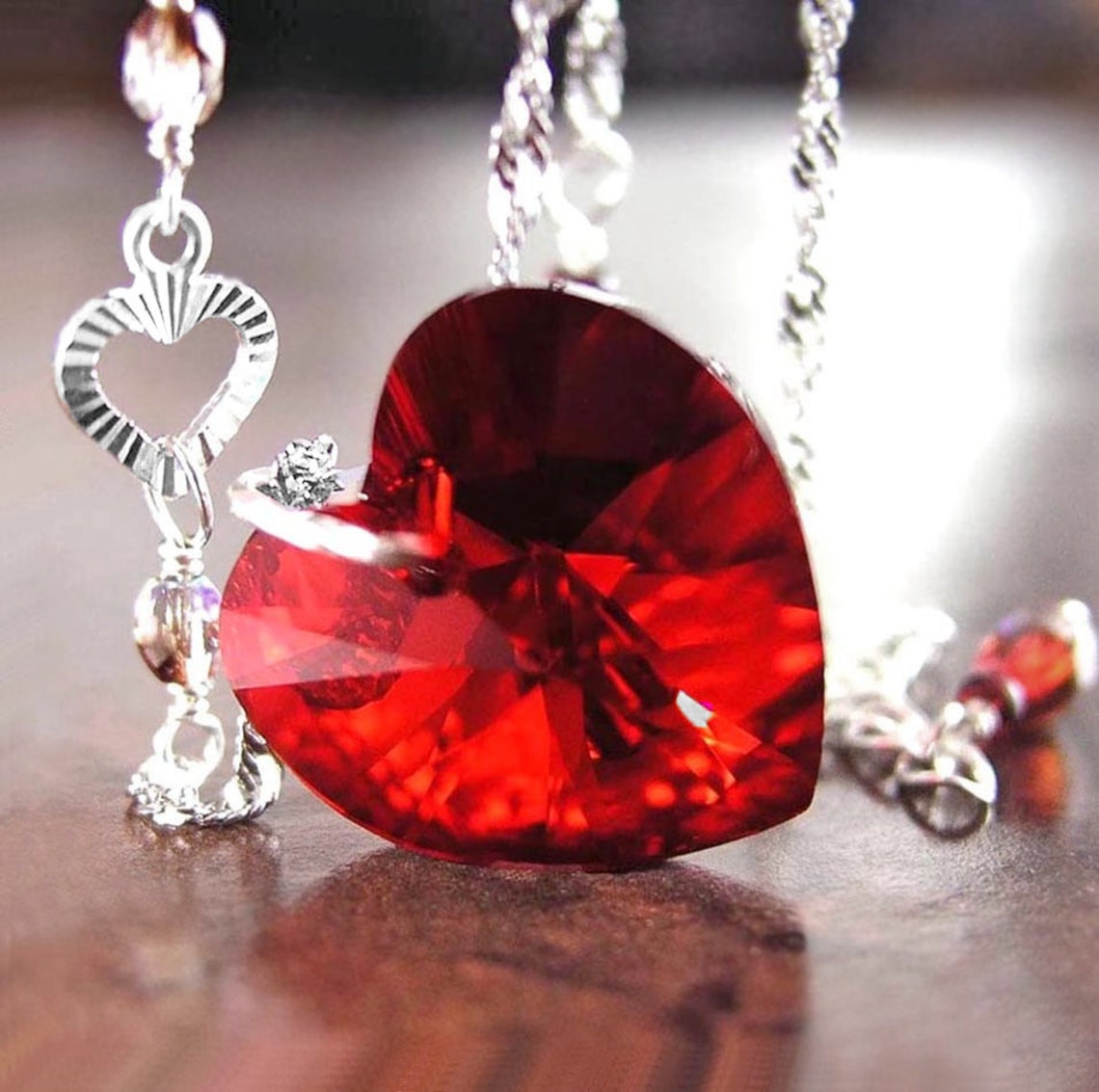 Vintage Red Aurora Swarovski Crystal Heart Necklace, 925 Sterling ...