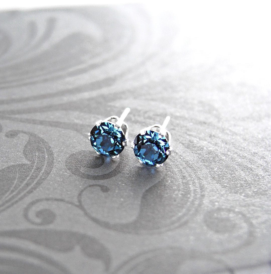 Navy Blue Stud Earrings, Sterling Silver, RARE Swarovski Denim Blue ...