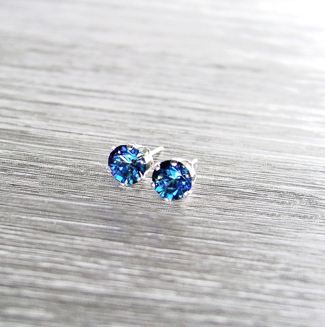 Ocean Blue Stud Earrings, Sterling Silver, RARE Dark Blue Swarovski ...