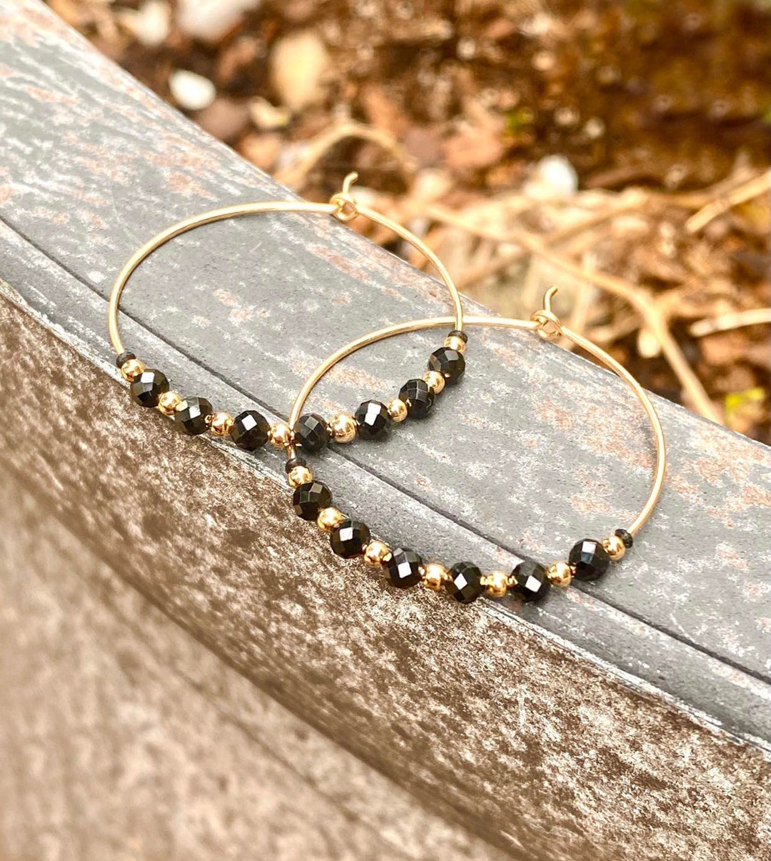 Dainty Black Spinel Hoop Earrings, Sterling Silver or 14K Gold Fill ...