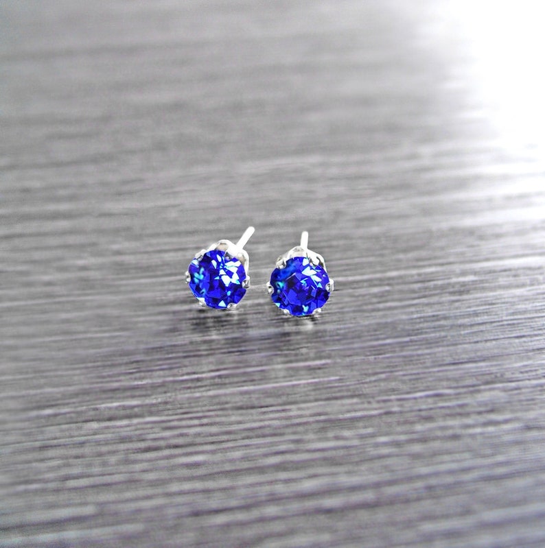 Dark Sapphire Blue Stud Earrings Sterling Silver Swarovski | Etsy