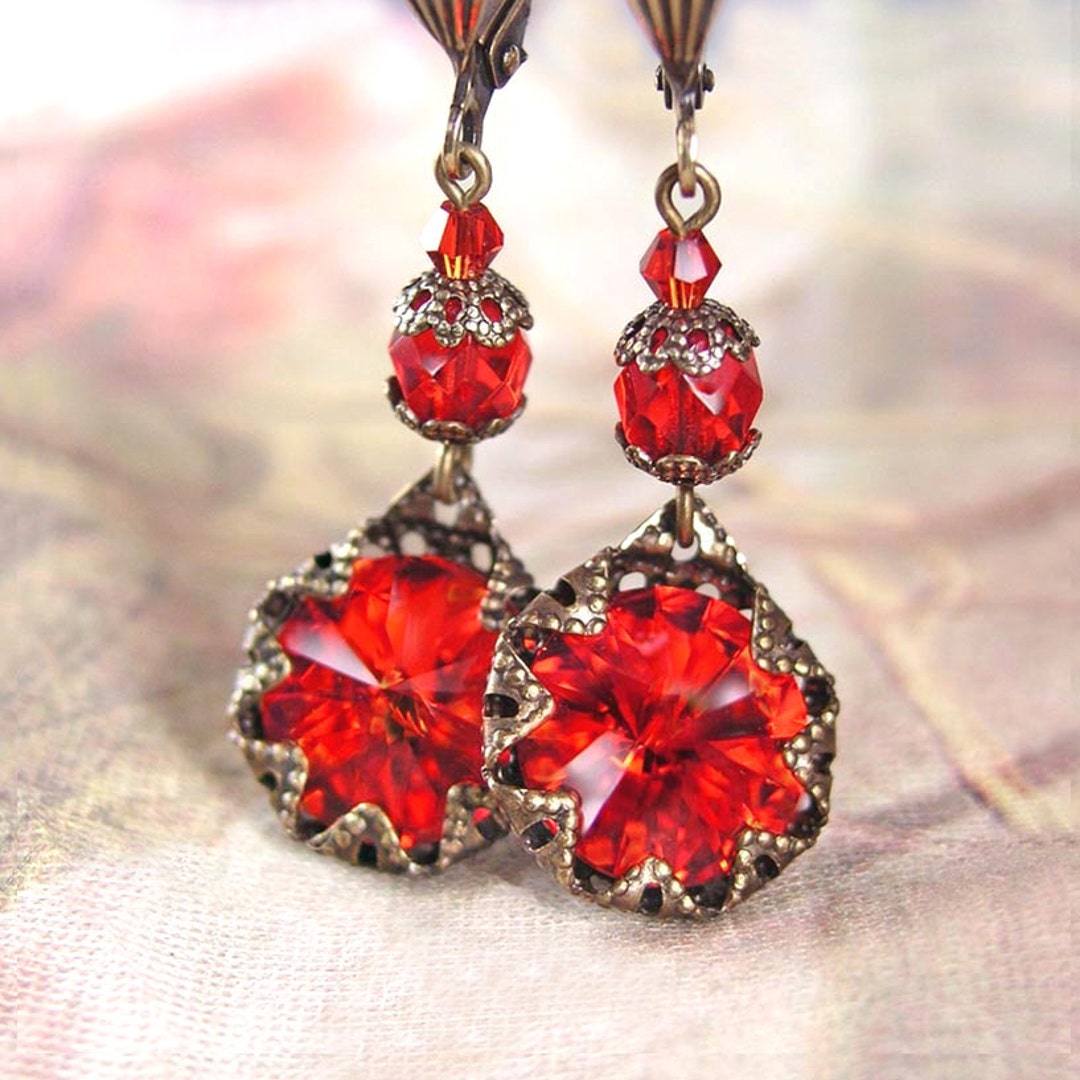 Ruby Red Earrings, Swarovski Red Crystal Drop Dangle Earrings, Antique ...
