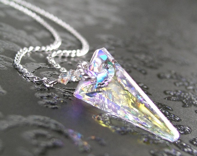 Clear Crystal Spike Necklace, Sterling Silver Necklace, Aurora Borealis ...