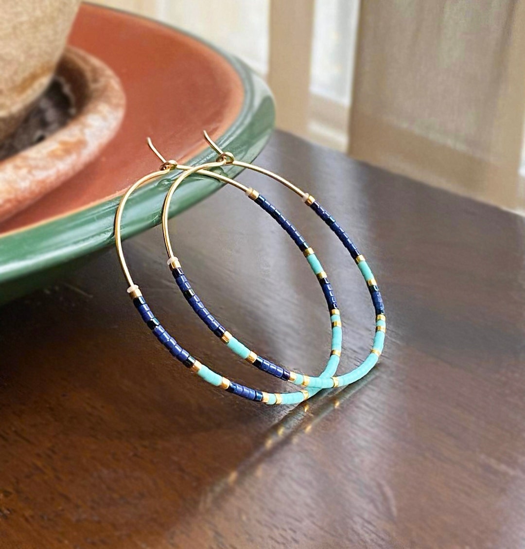 Dainty Turquoise Navy Blue Hoop Earrings, Silver or 14K Gold Fill ...