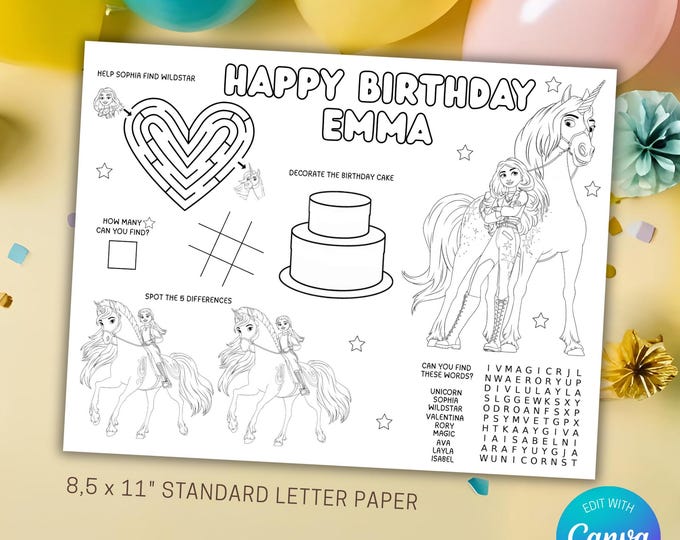 Unicorn Academy Activity Placemat | Unicorn Academy Birthday Placemat ...
