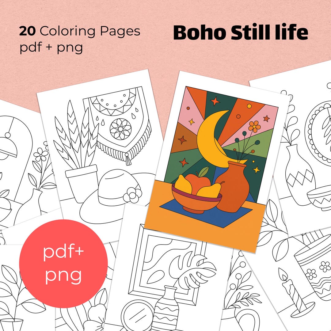 Boho Still Life Coloring Pages: 20 Printable Designs (PDF + PNG - Etsy