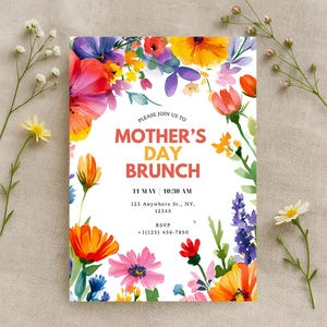 Editable Mother's Day Brunch Invitation, Pink, Floral, Wild Flowers ...