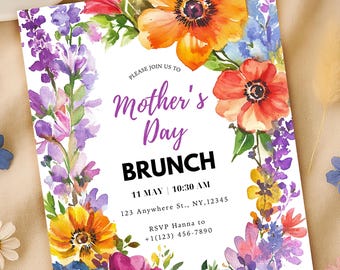 Editable Mother's Day Brunch Invitation, Pink, Floral, Wild Flowers ...