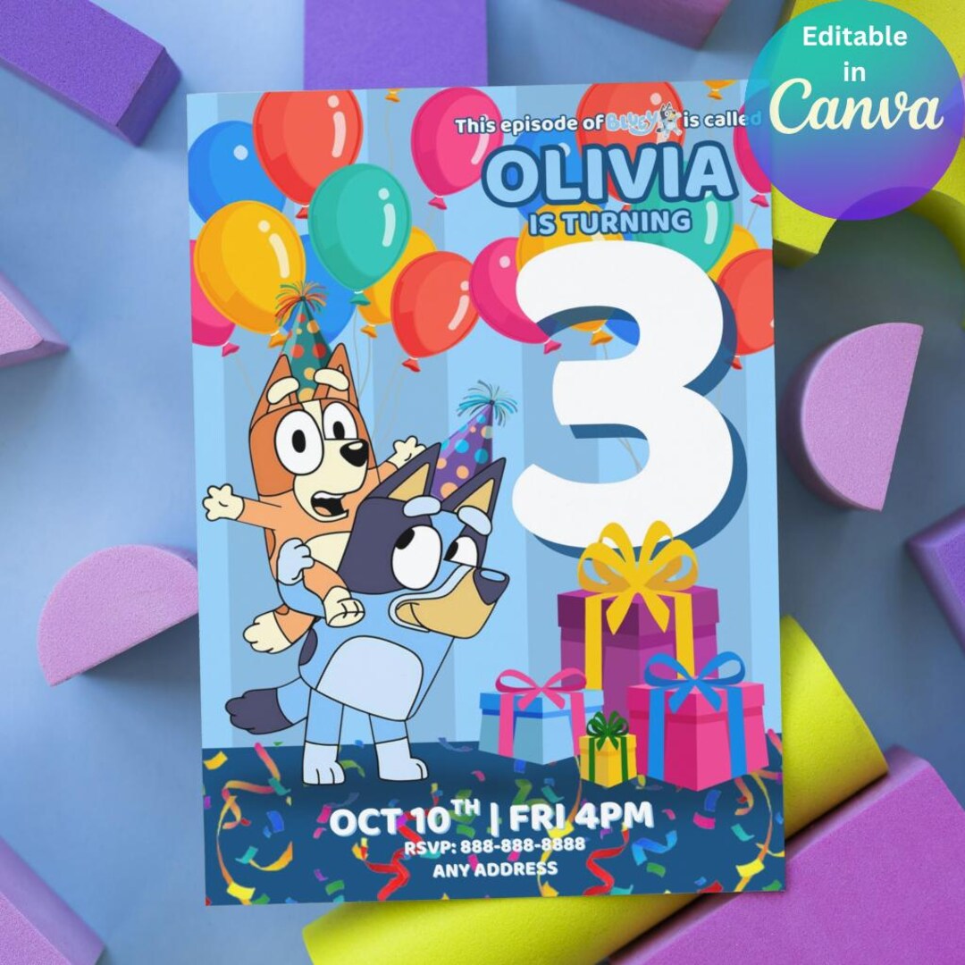 Bluey Customizable Colorful Birthday Invitation Template: Editable Kids ...