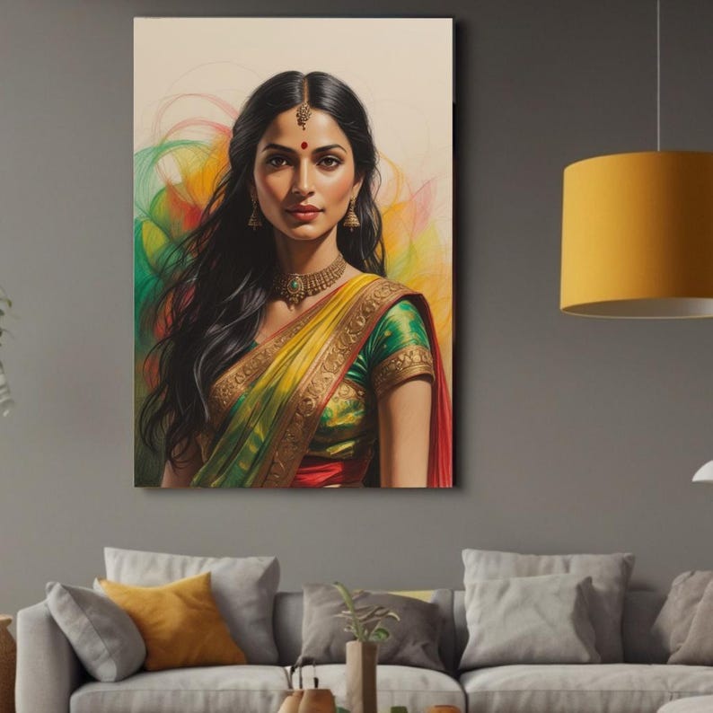 Indian Woman Portrait Art Print: Elegant Sari, Cultural Home Decor ...