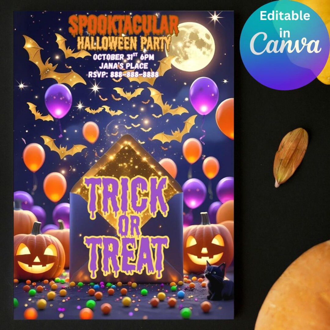 Editable Spooktacular Halloween Party Invitation | Trick or Treat Canva ...
