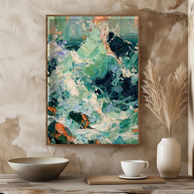 Abstract Ocean Waves Poster Impasto Coastal Wall Art Teal Marine Decor ...