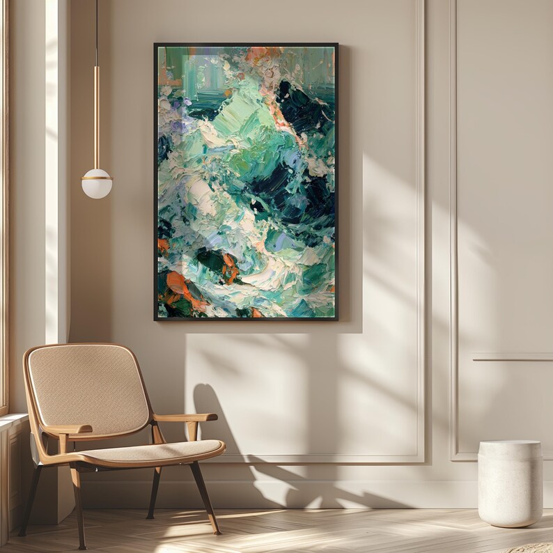 Abstract Ocean Waves Poster Impasto Coastal Wall Art Teal Marine Decor ...