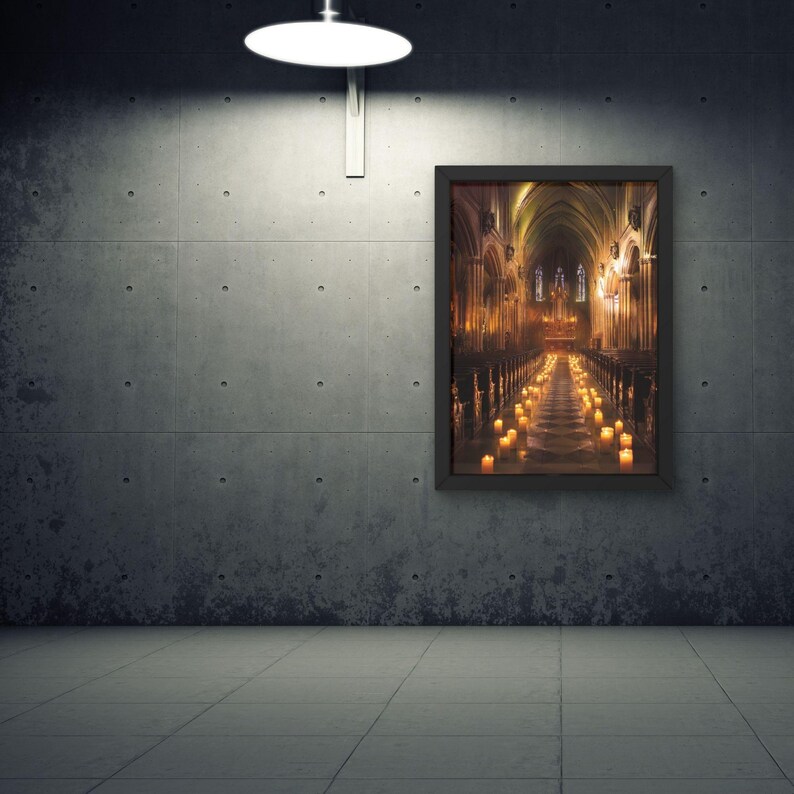 Candlelit Gothic Cathedral Aisle Print – Medieval Church Interior Wall ...
