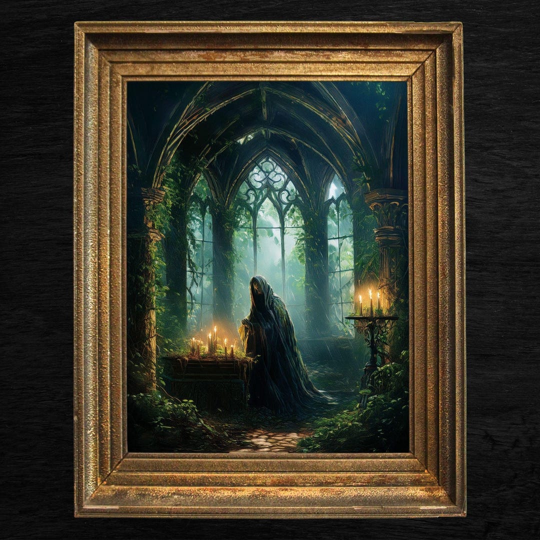 Gothic Dark Forest Priestess Art Print - Mystical Ruins Wall Decor ...