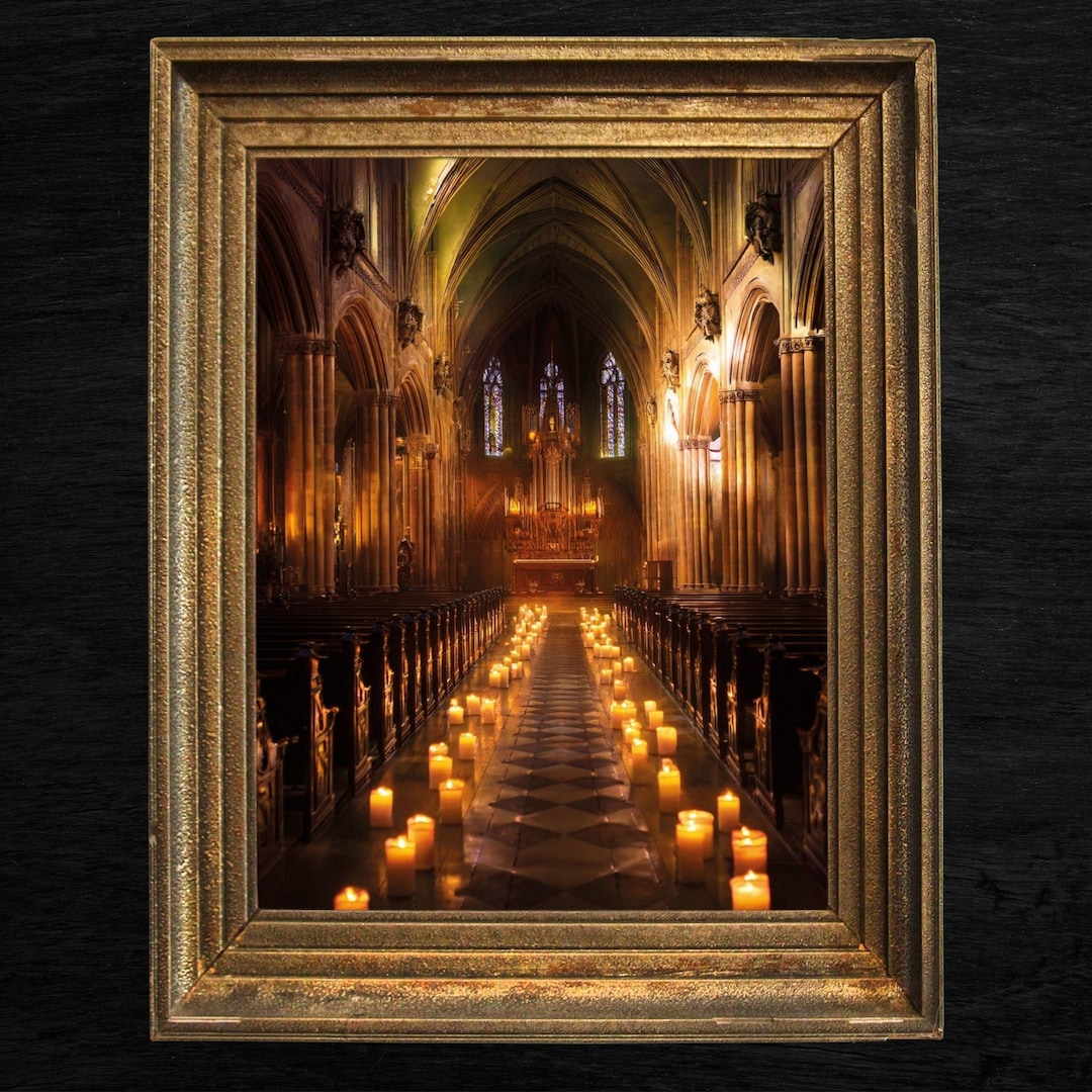 Candlelit Gothic Cathedral Aisle Print – Medieval Church Interior Wall ...