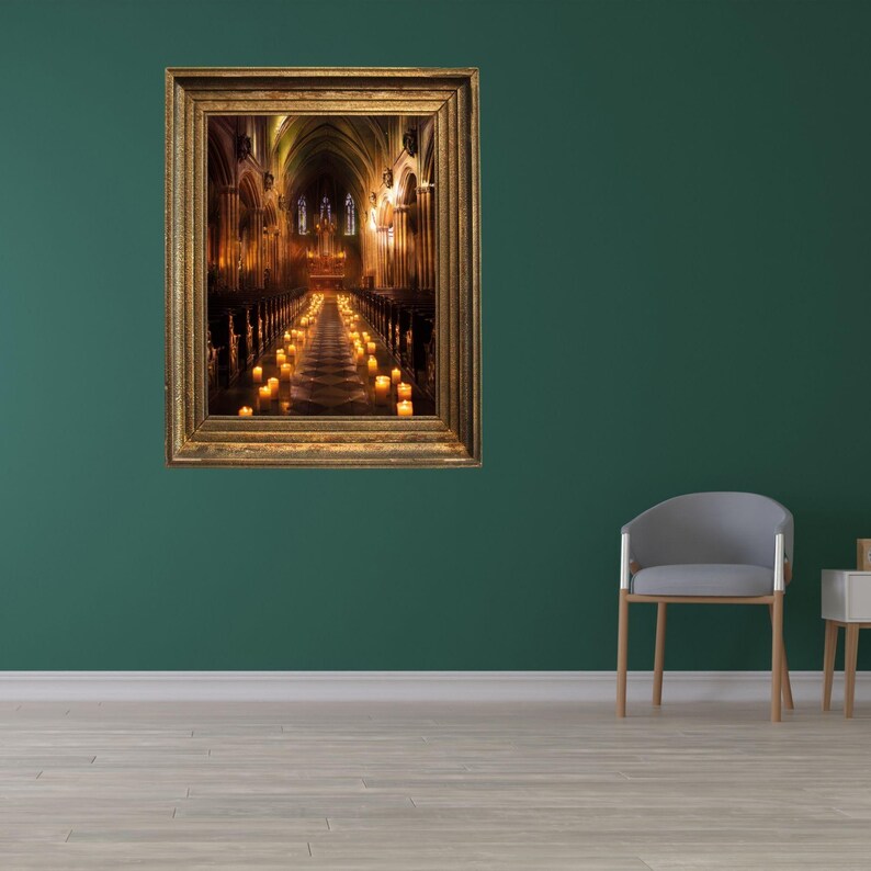 Candlelit Gothic Cathedral Aisle Print – Medieval Church Interior Wall ...