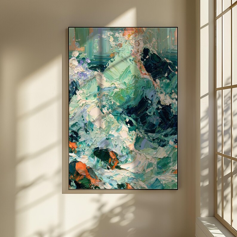 Abstract Ocean Waves Poster Impasto Coastal Wall Art Teal Marine Decor ...