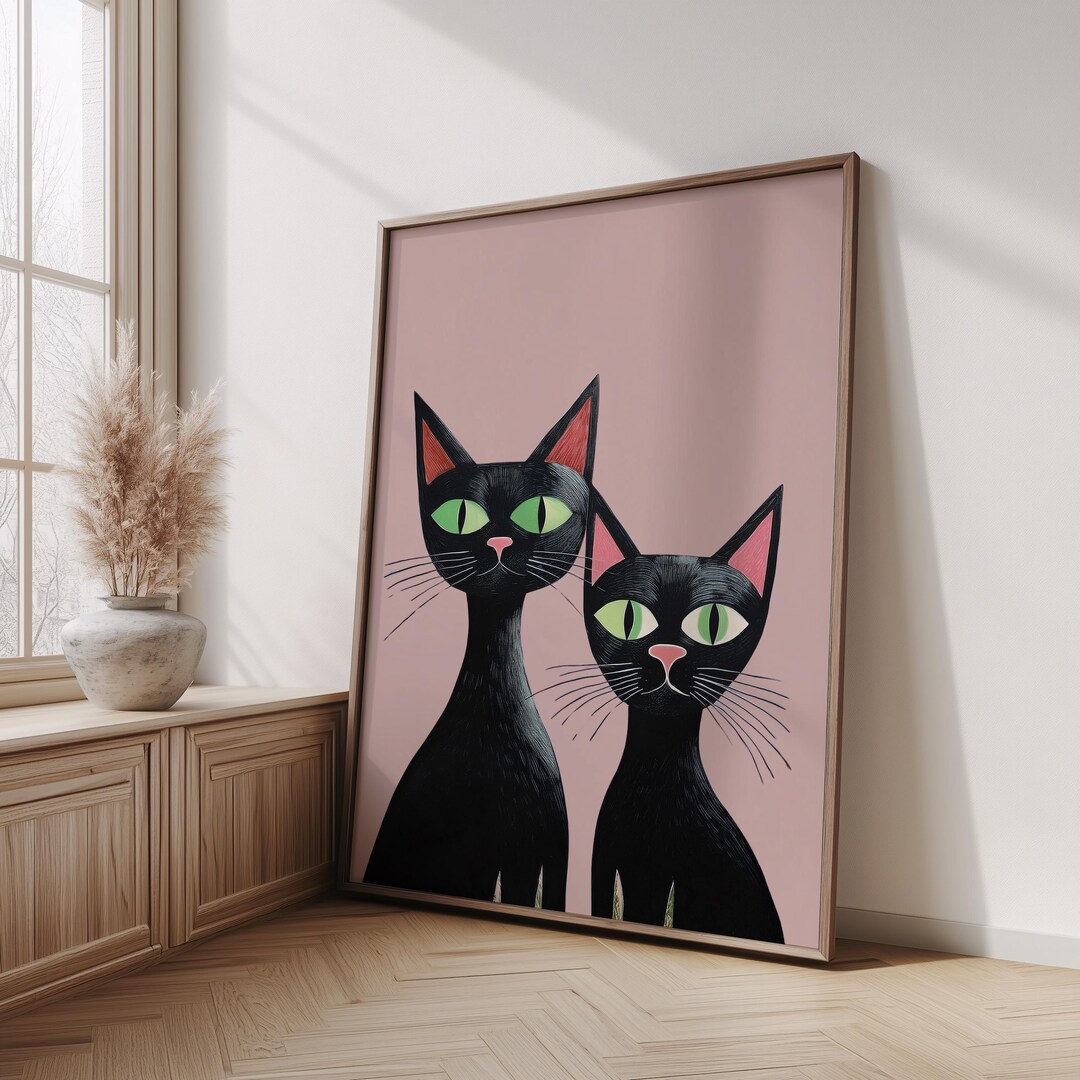 Stylish Black Cat Wall Art Print – Modern Feline Illustration for Home ...