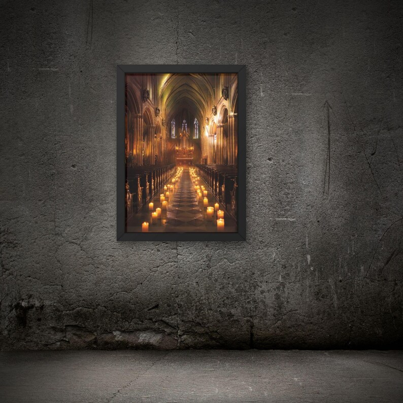 Candlelit Gothic Cathedral Aisle Print – Medieval Church Interior Wall ...
