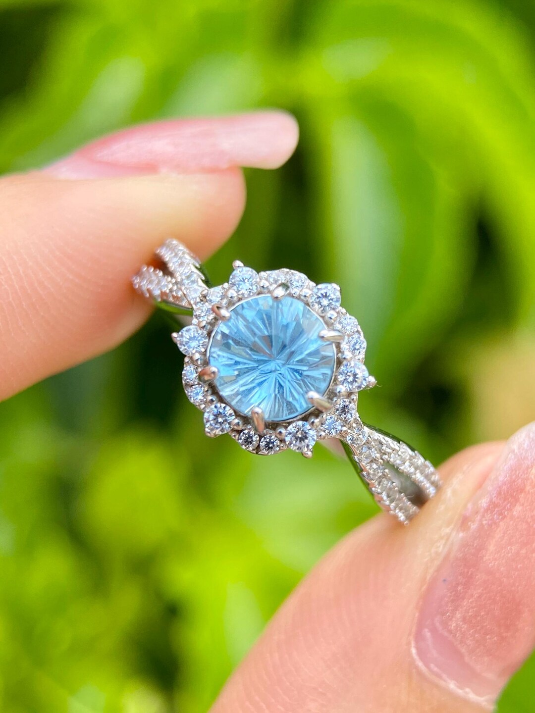 Sunburst Cut Blue Topaz Ring | Natural Blue Gemstone | Statement Dainty ...