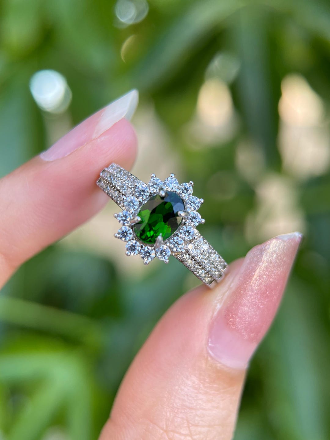 Natural Chrome Diopside Ring | Adjustable Green Gemstone Halo Ring ...