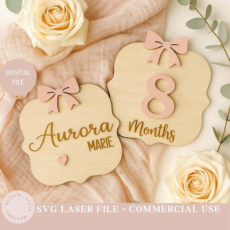 Baby Milestone Markers and Name Plaque Signs With Bow SVG Bundle ...
