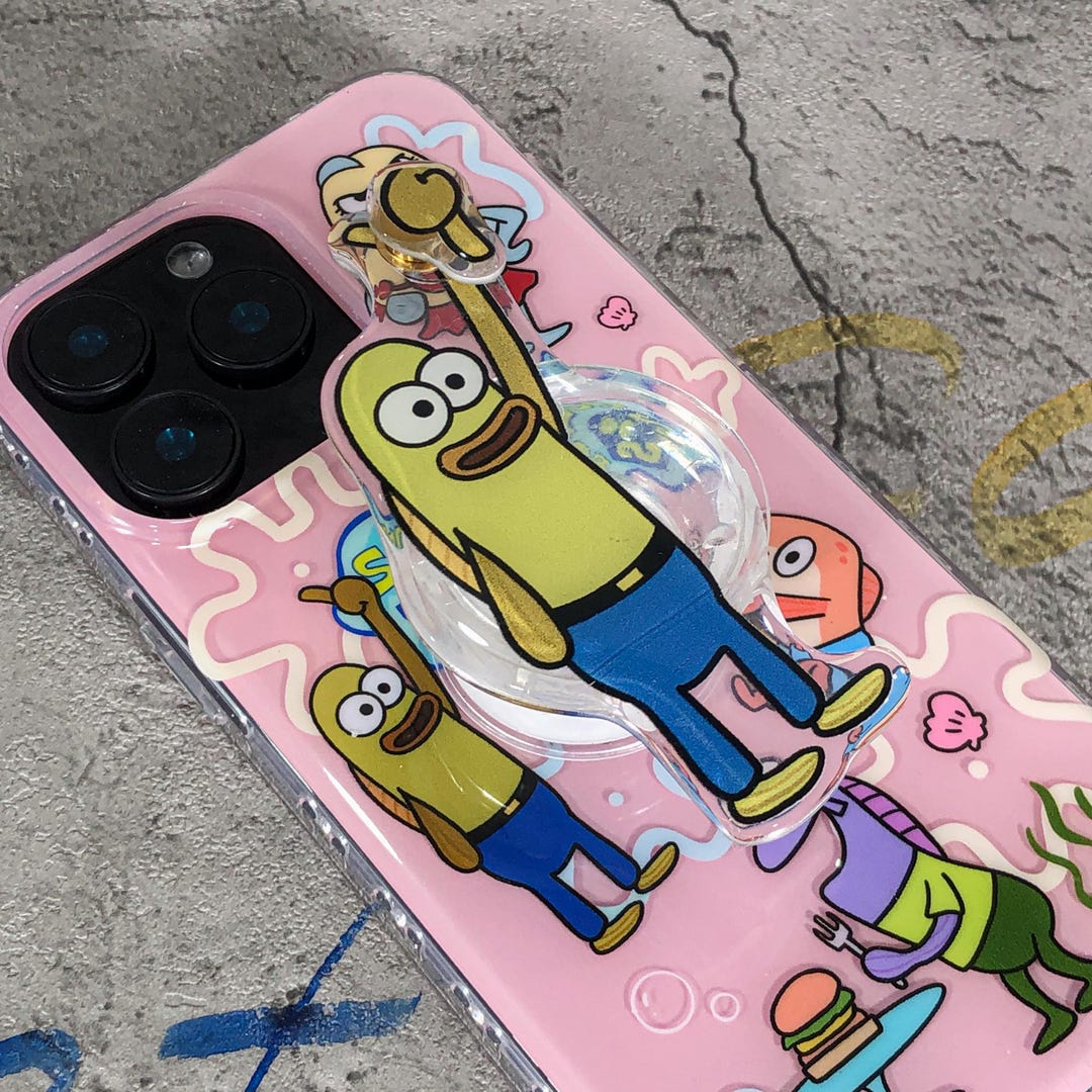 Funny Bikini Bottom Fish Meme Phone Case With Rotating Finger Grip ...