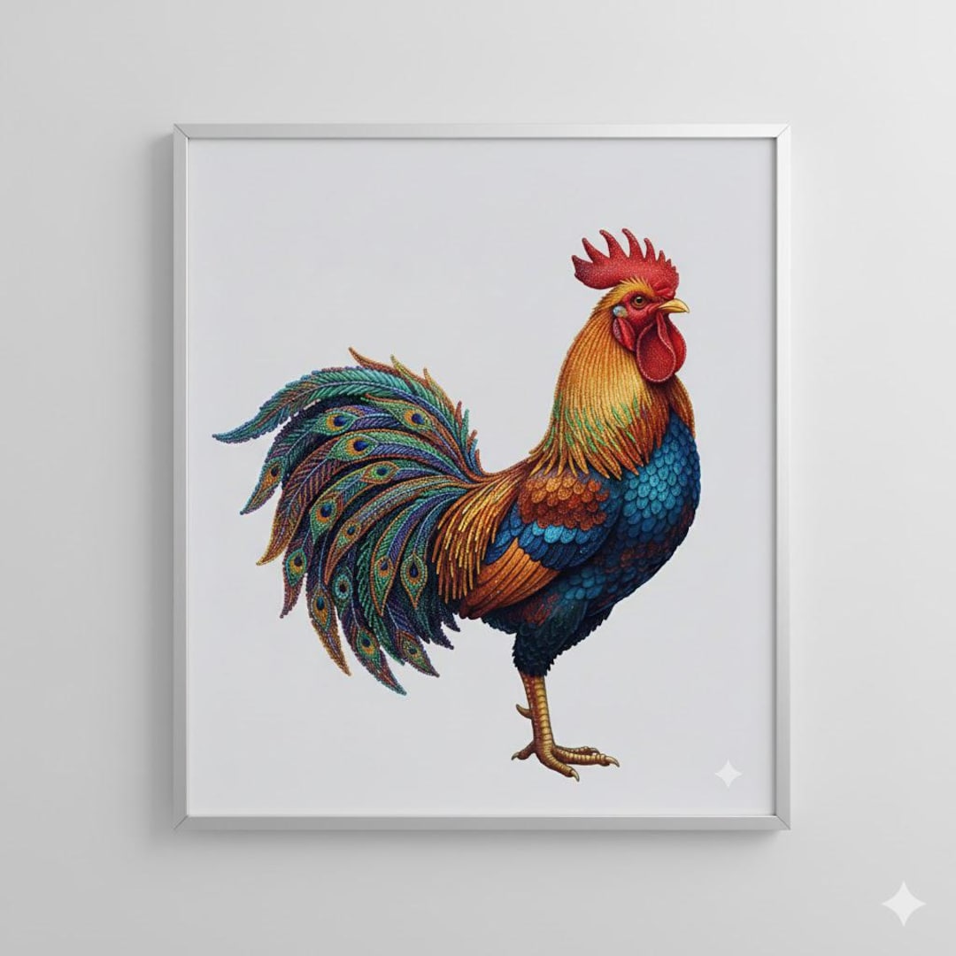Beaded Rooster Print: Vibrant Featherwork Digital Art (8000x6000 Pixels ...
