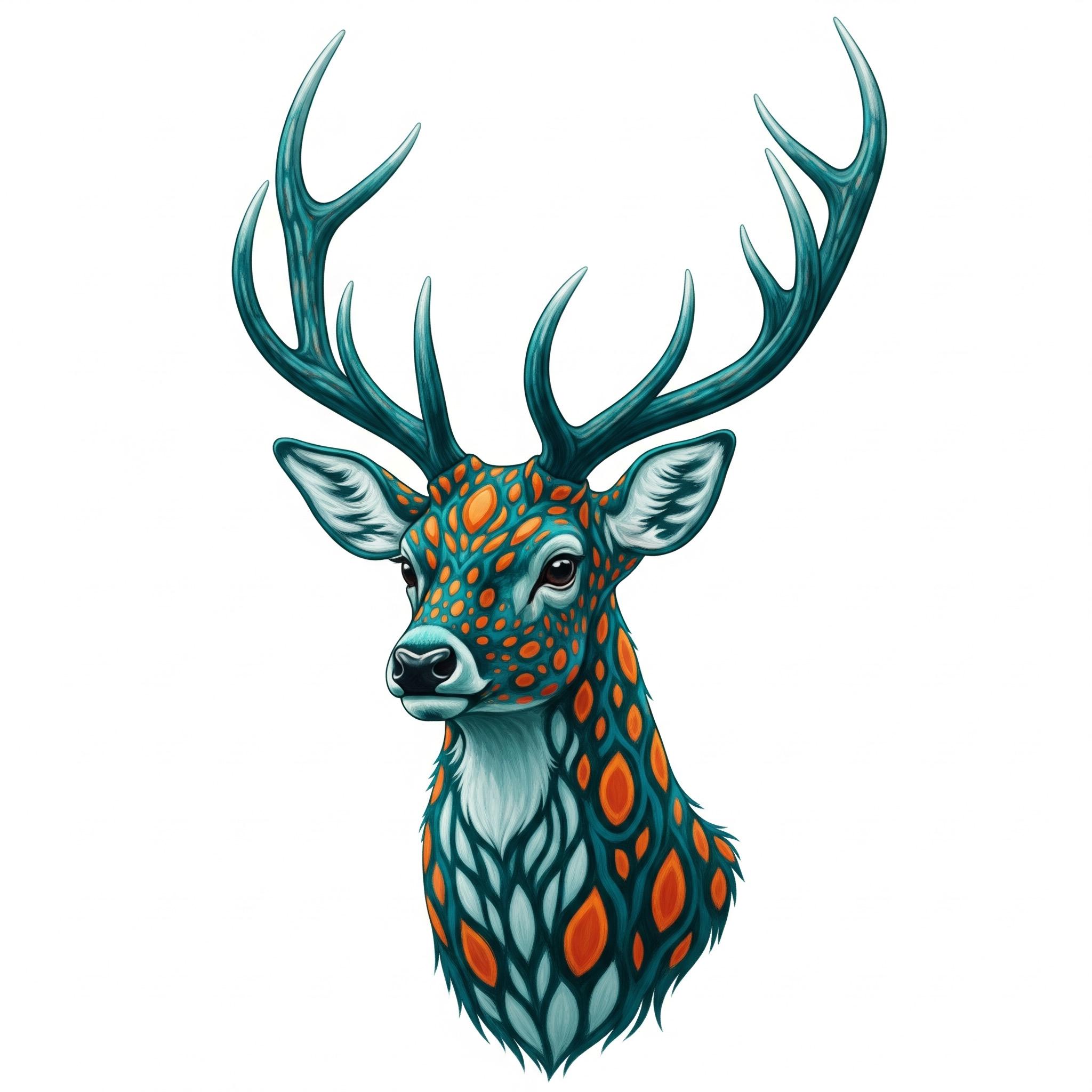 Deer Head Art, Digital Print, Blue Orange Deer, Patterned Stag, Unique ...