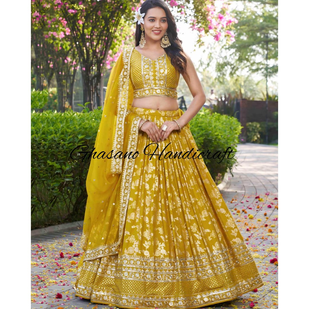 Mustard Yellow Twinkle Silk Lehenga With Embroidery & Mirror Work ...