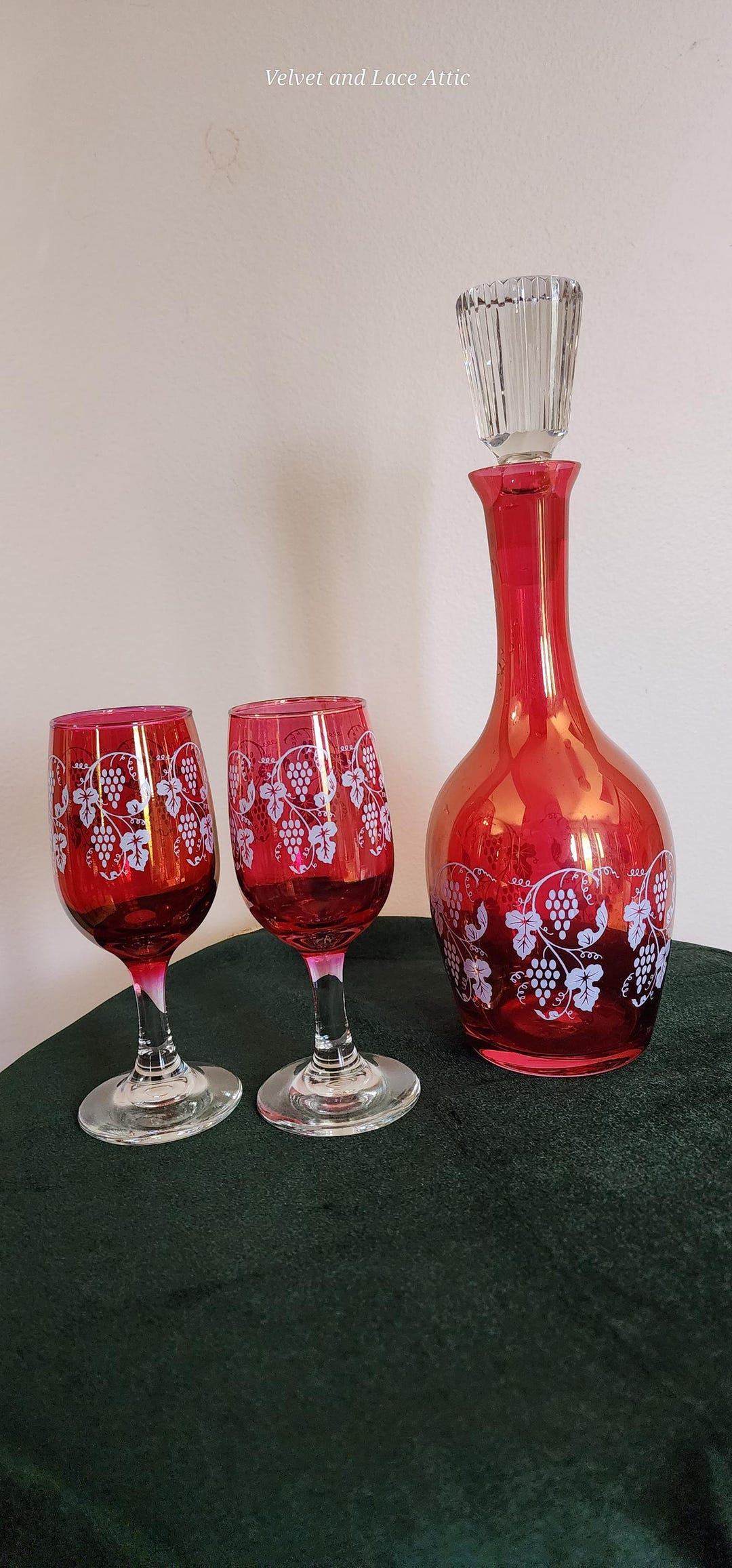 Vintage Ruby Red Decanter Set, Grape Leaf Glasses, West Virginia Glass ...