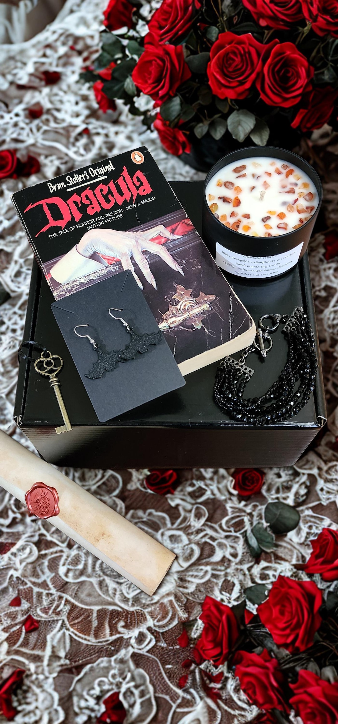 Gothic Dracula Gift Box – Vintage Book, Bat Earrings & Carnelian Candle ...