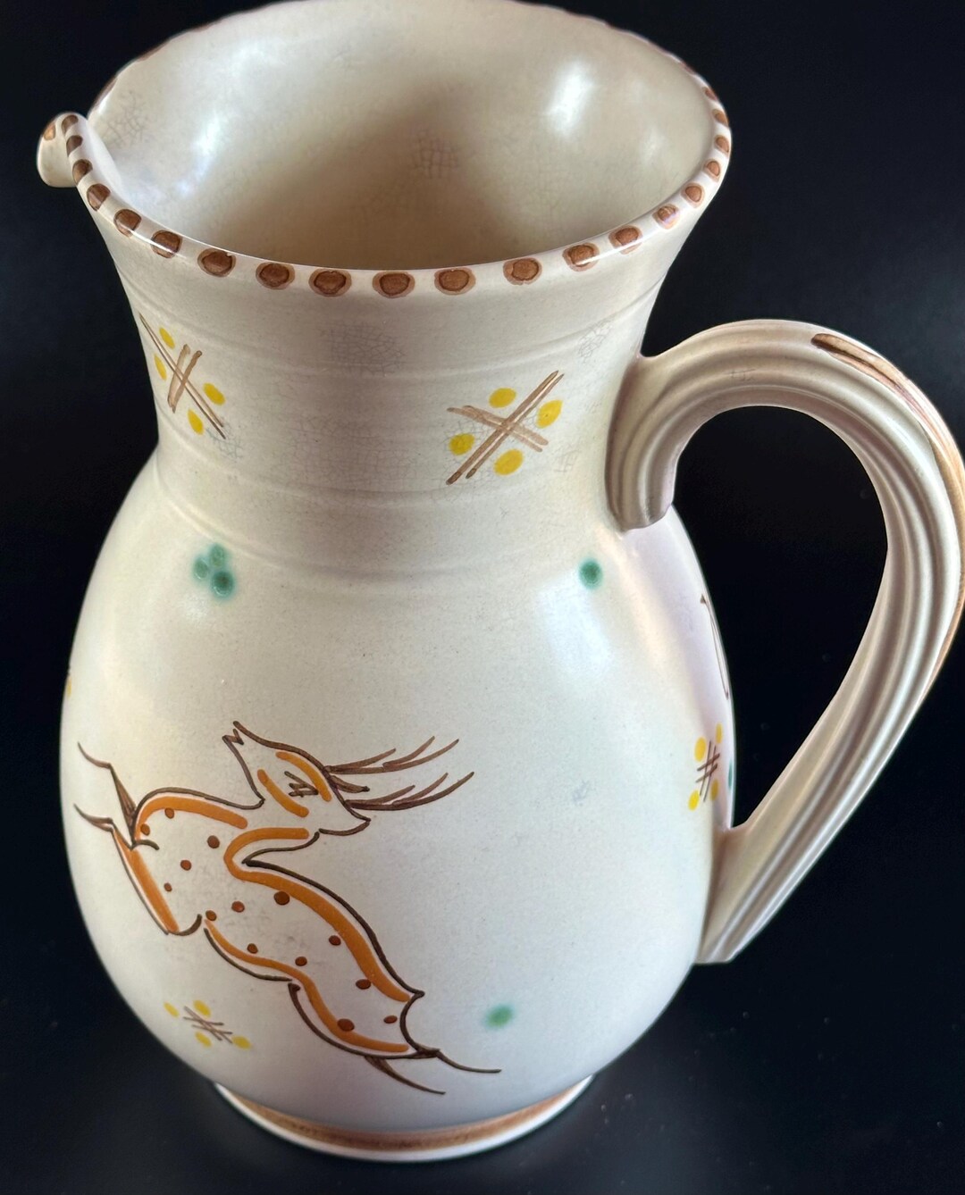 Very Art Deco Honiton Pottery Jug / Pitcher. Leaping Stag on Cream ...