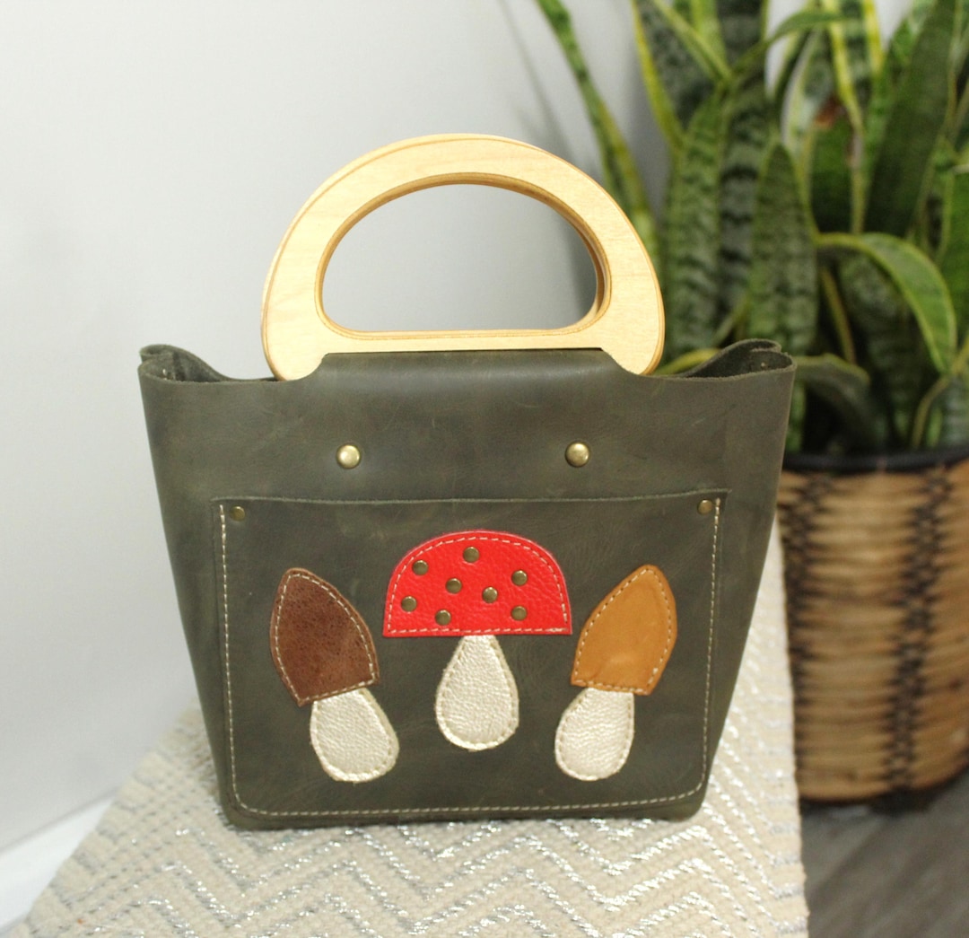 Small Genuine Leather Hand Purse With Wood Handles | With Mushrooms - Etsy