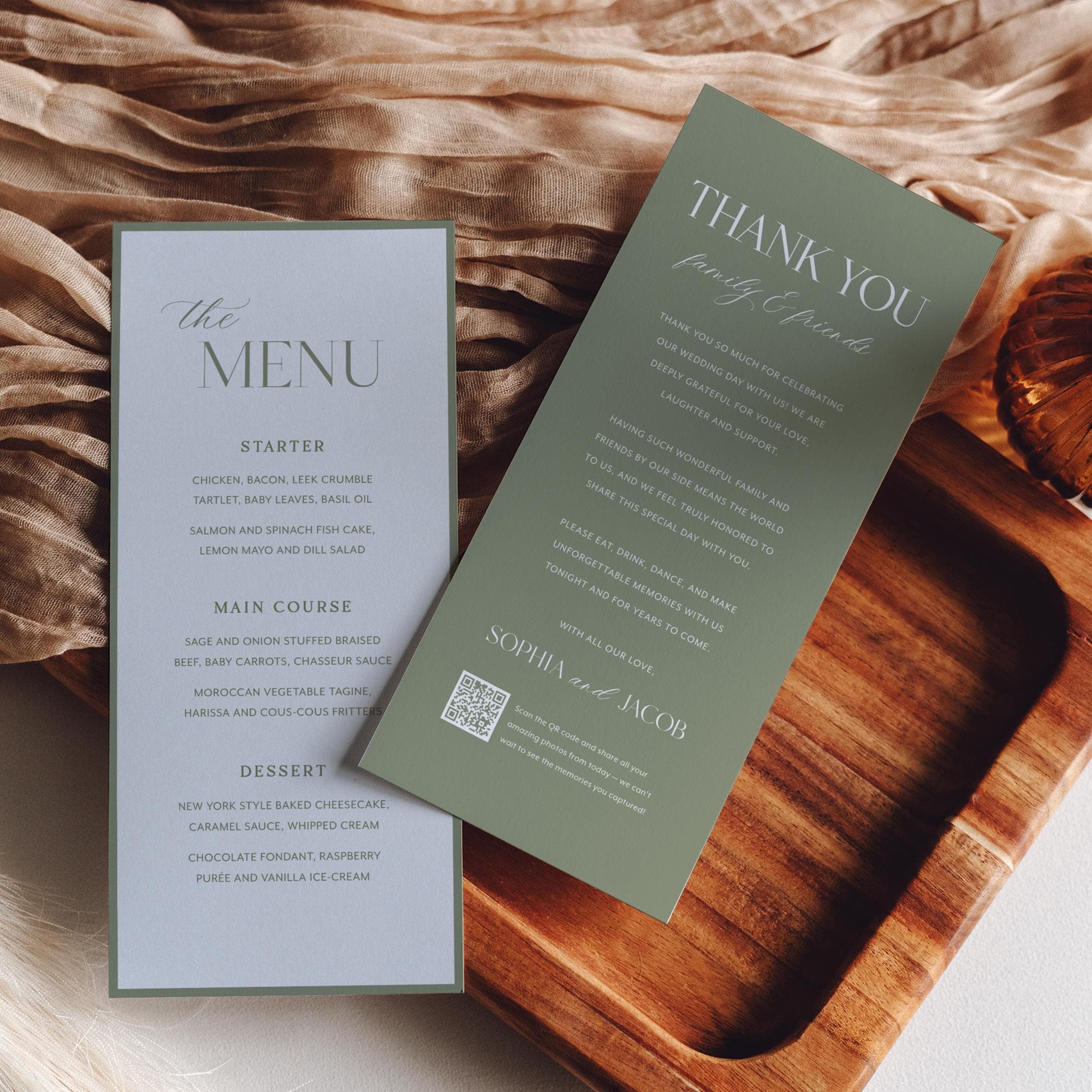 Sage Green Menu and Thank You Note, Modern Minimalist Wedding Menu Card ...