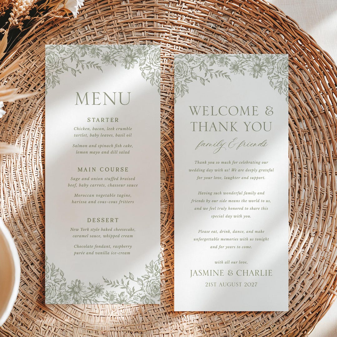Sage Green Wedding Menu and Thank You Note, Editable Floral Toile ...