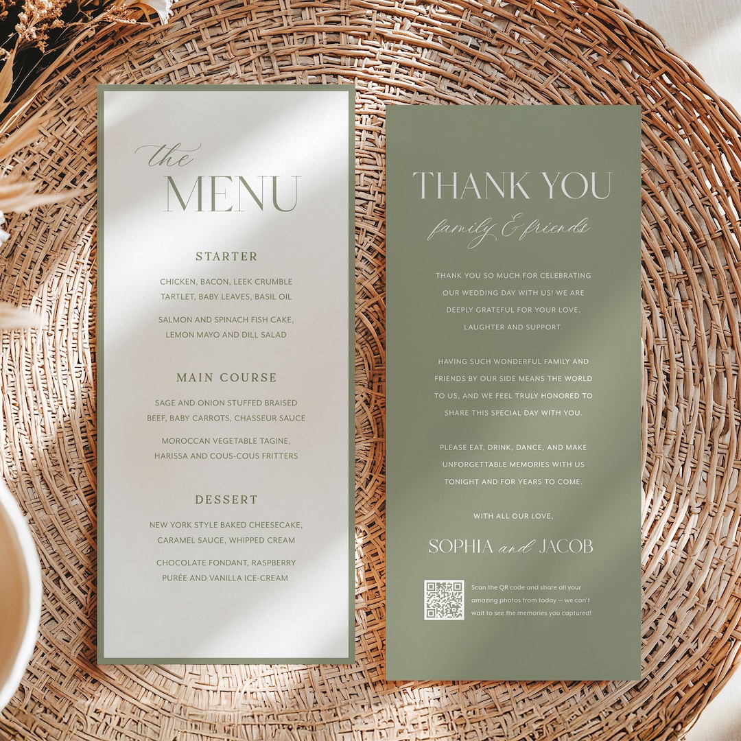 Sage Green Menu and Thank You Note, Modern Minimalist Wedding Menu Card ...