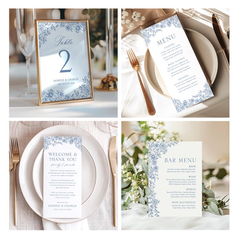 Blue Toile Wedding Bundle, Elegant French Floral Template Set, Editable ...