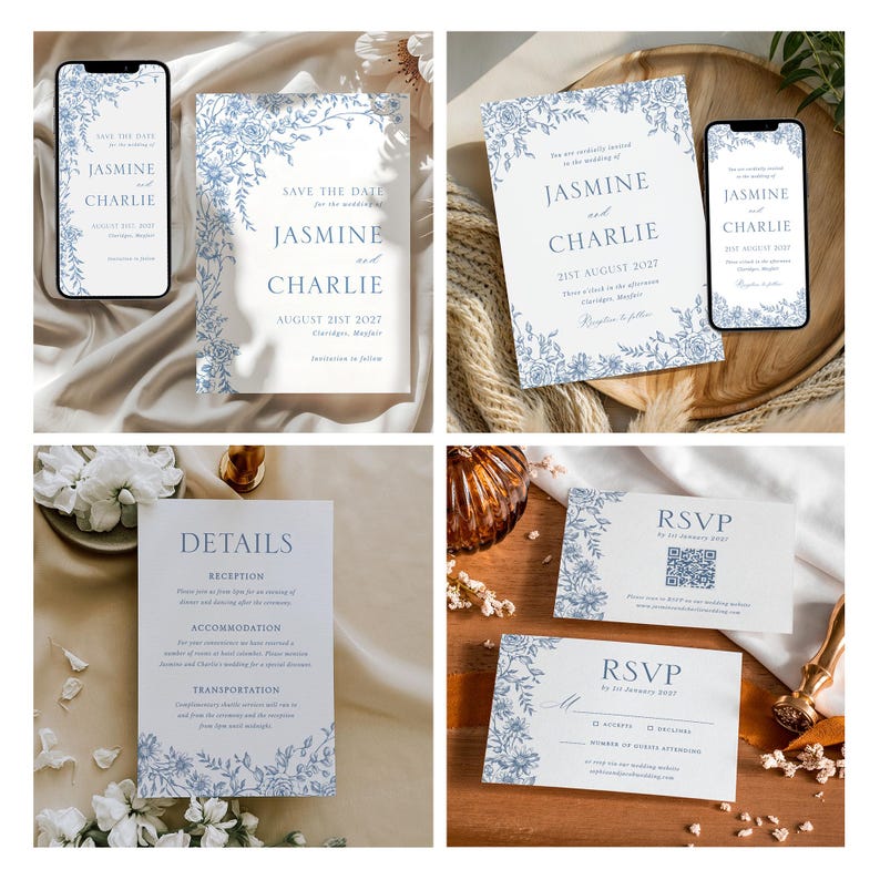 Blue Toile Wedding Bundle, Elegant French Floral Template Set, Editable ...