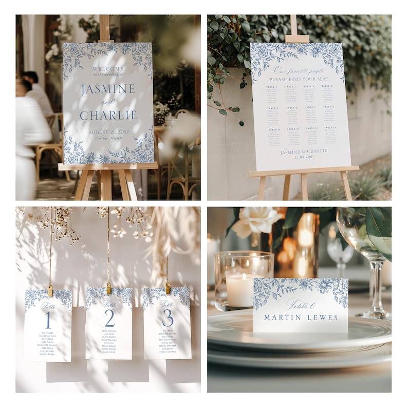 Blue Toile Wedding Bundle, Elegant French Floral Template Set, Editable ...